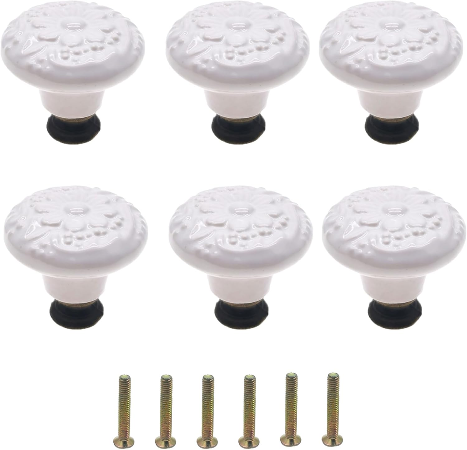 6 Pcs Ceramic White Drawer Dresser Knobs Vintage Flower Cabinet Knobs ...