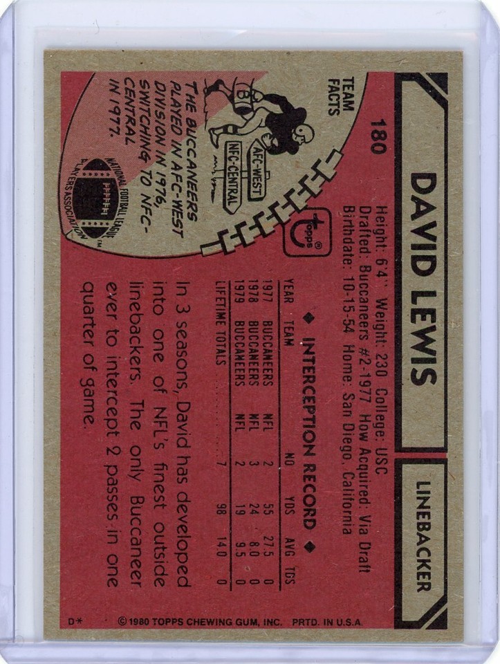 1980 TOPPS DAVID LEWIS #180 NM-MT TO MINT SET BREAK BUCCANEERS | eBay