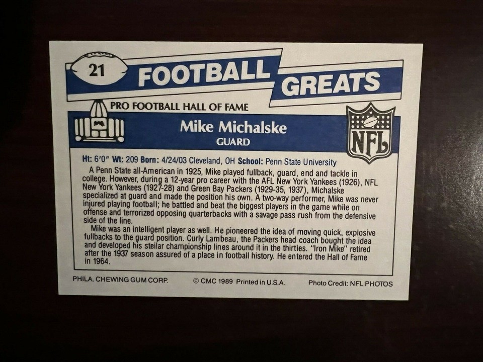 1989 Swell Greats #21 - Mike Michalske - Green Bay Packers (Hall of ...