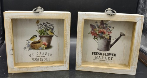 Pair Garden Floral Birds 2D Wall Pictures Wood Painted Distress Frames ...