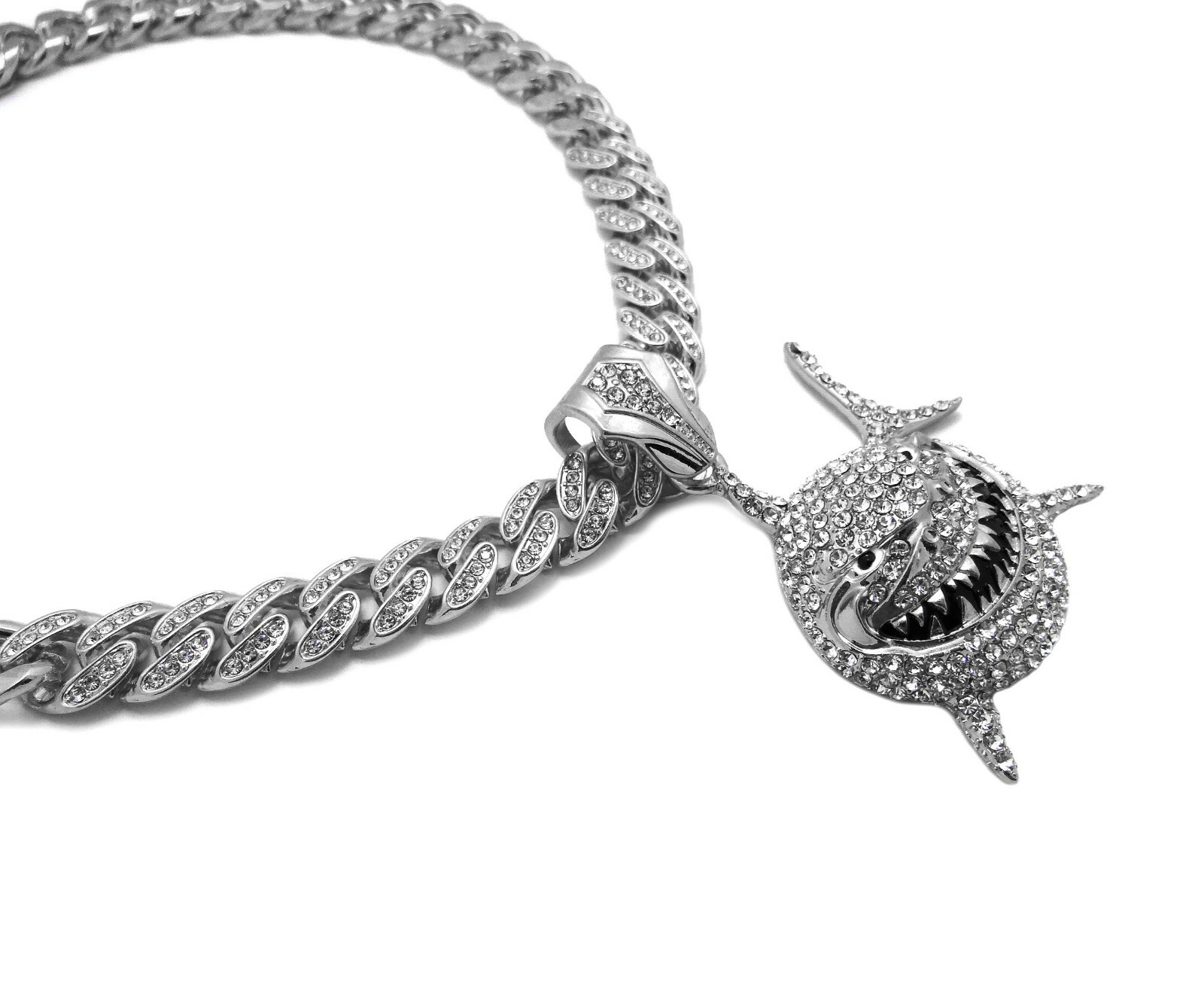 Silver PT Shark Pendant 18" 20" Partial Iced Cuban Chain Bling 6ix9ine ...