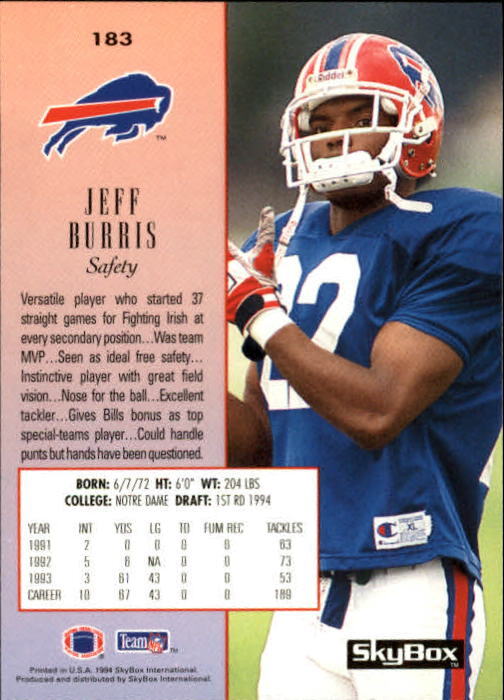 1994 SkyBox Premium Football Card #183 Jeff Burris RC | eBay