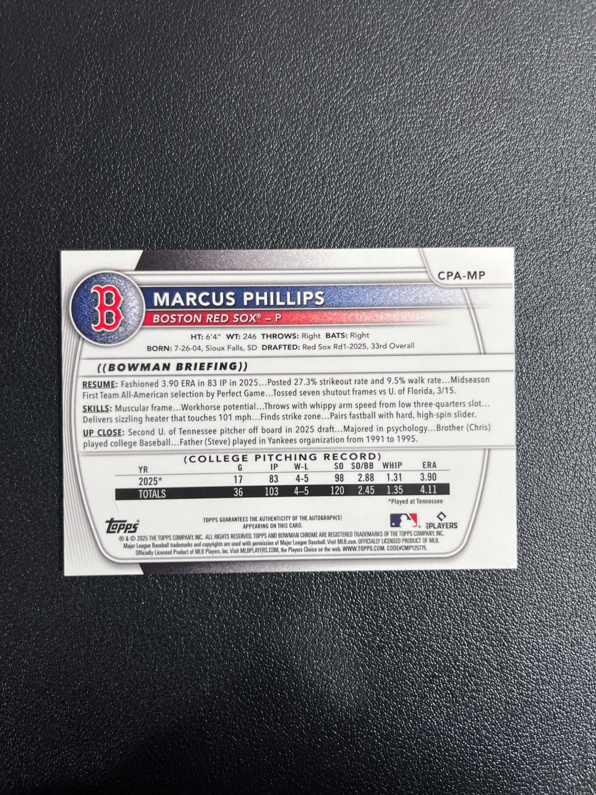 2025 Bowman Draft #CPA-MP Marcus Phillips 1st Prospect Chrome Auto BJMO ...