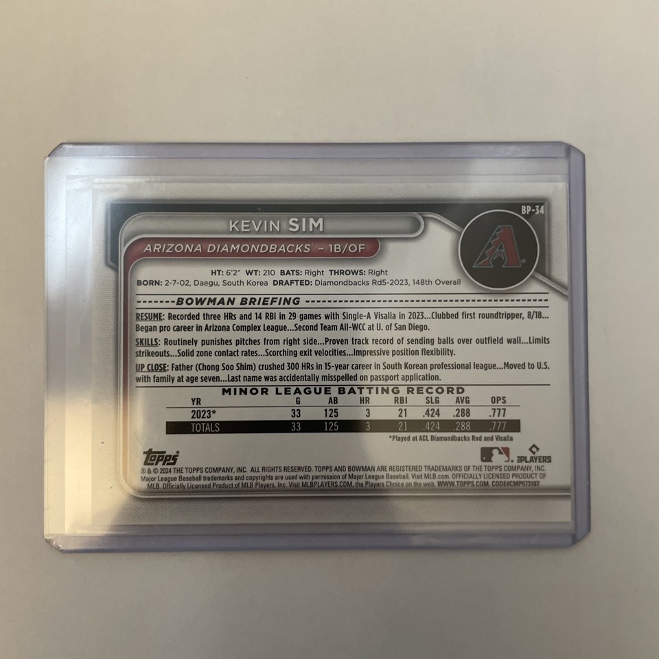 2024 Bowman #BP-34 Kevin Sim Prospects Pink #81/175 | eBay