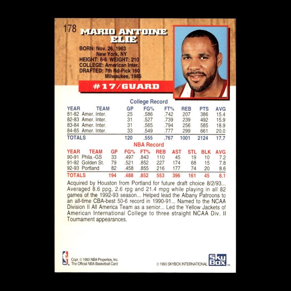 Mario Elie 1994-95 SkyBox Houston Rockets #178 R328R 13 | eBay
