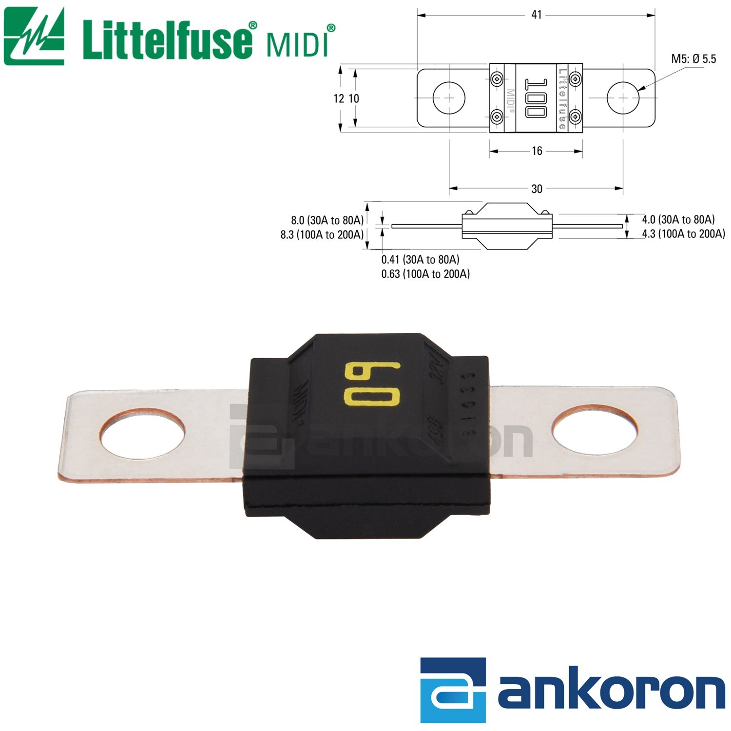Genuine MIDI ® 60A MIDI Fuse Littelfuse ® 32V High Current 0498 ...