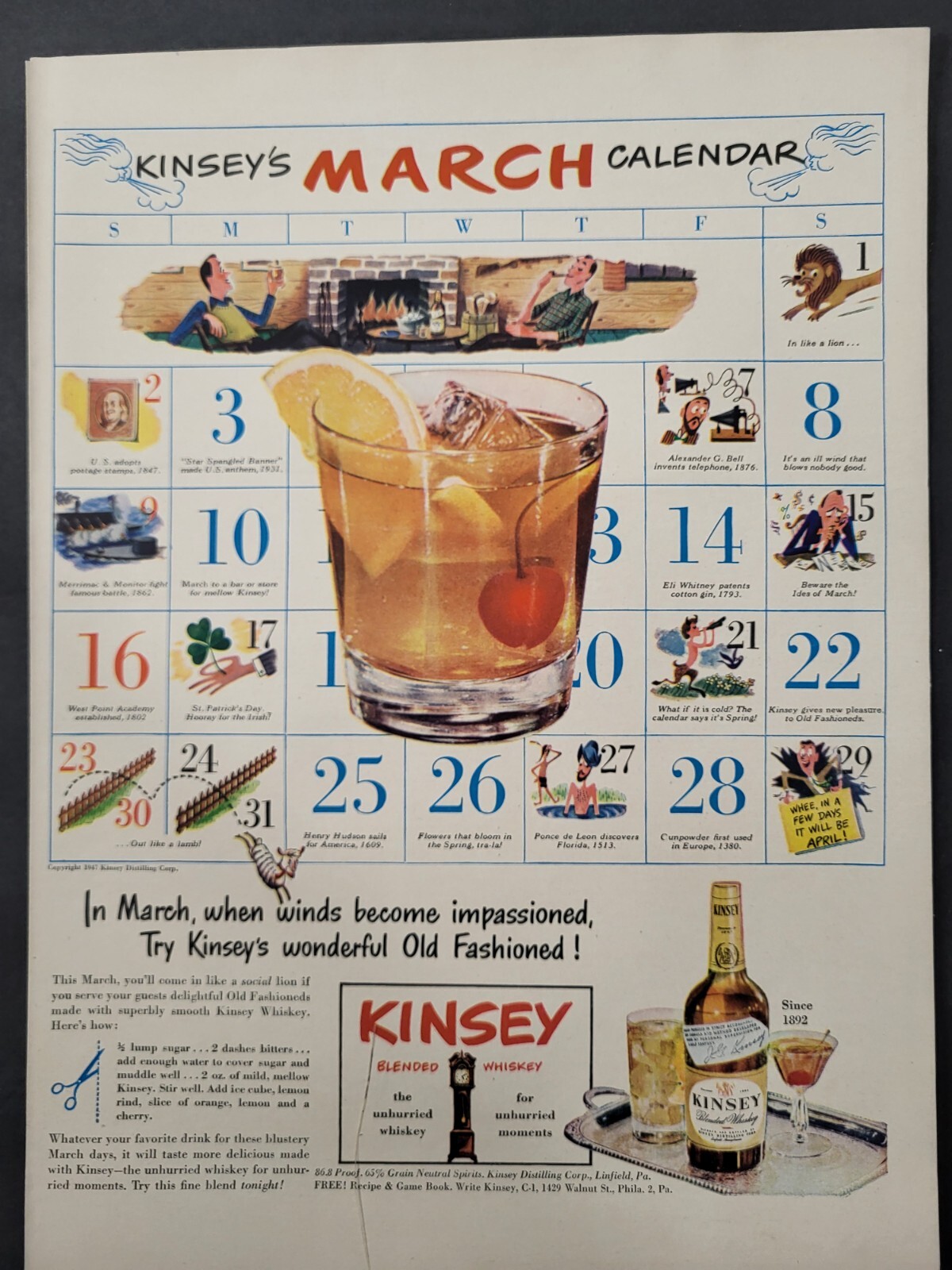 Kinsey Whiskey-March Calendar-Old Fashioned-Print Ad 1947 | eBay