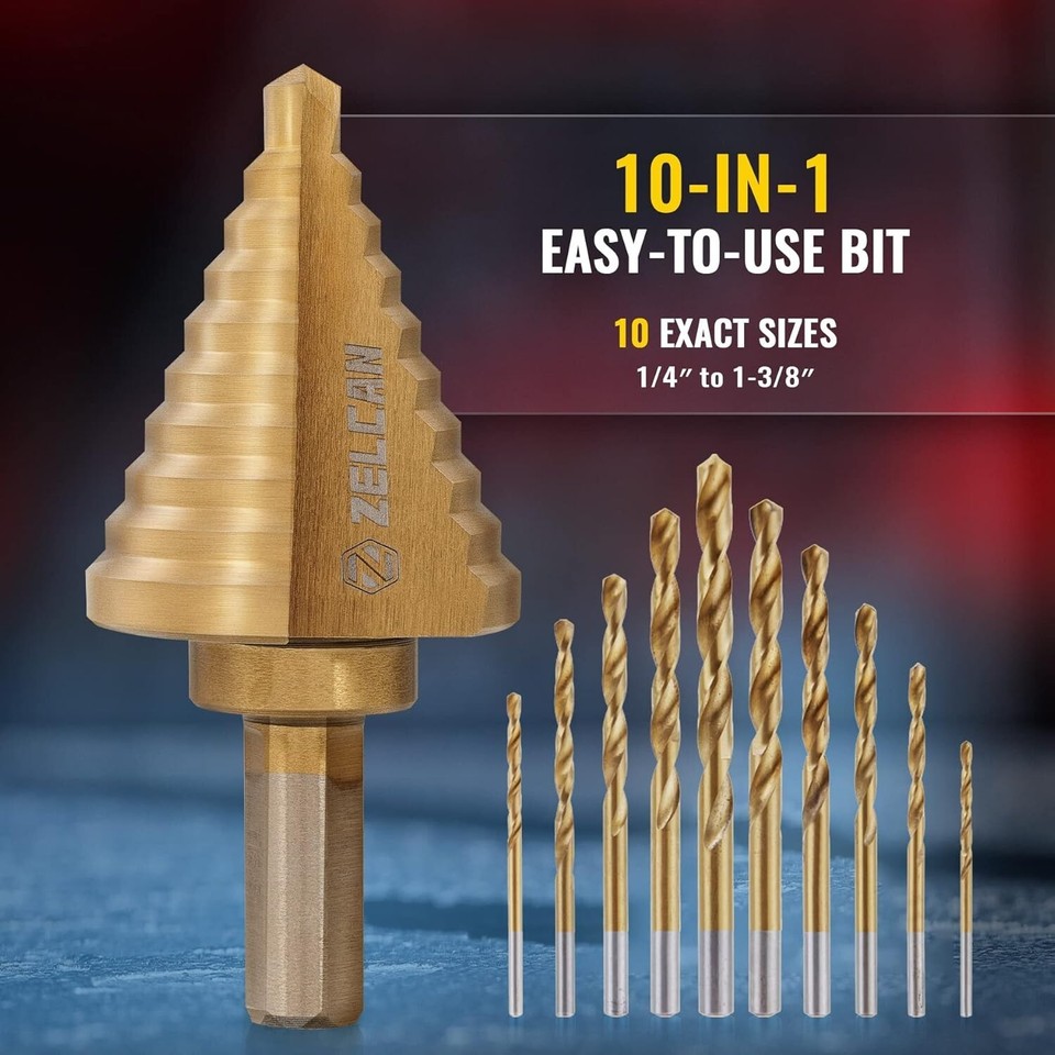10 Sizes Titanium Step Drill Bit, 1/4 to 1-3/8 Inches, High Speed Steel ...