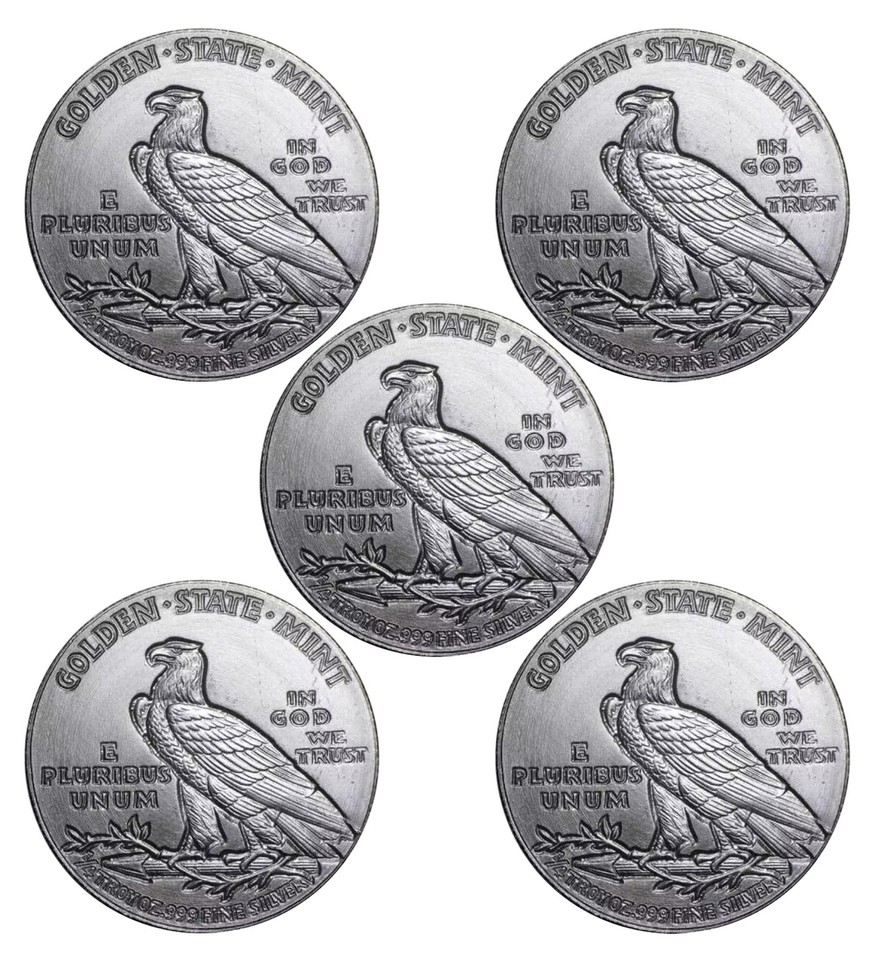 Lot of Five (5) 1/4 (0.25) Troy Ounce .999 Silver Incuse Indian Round ...