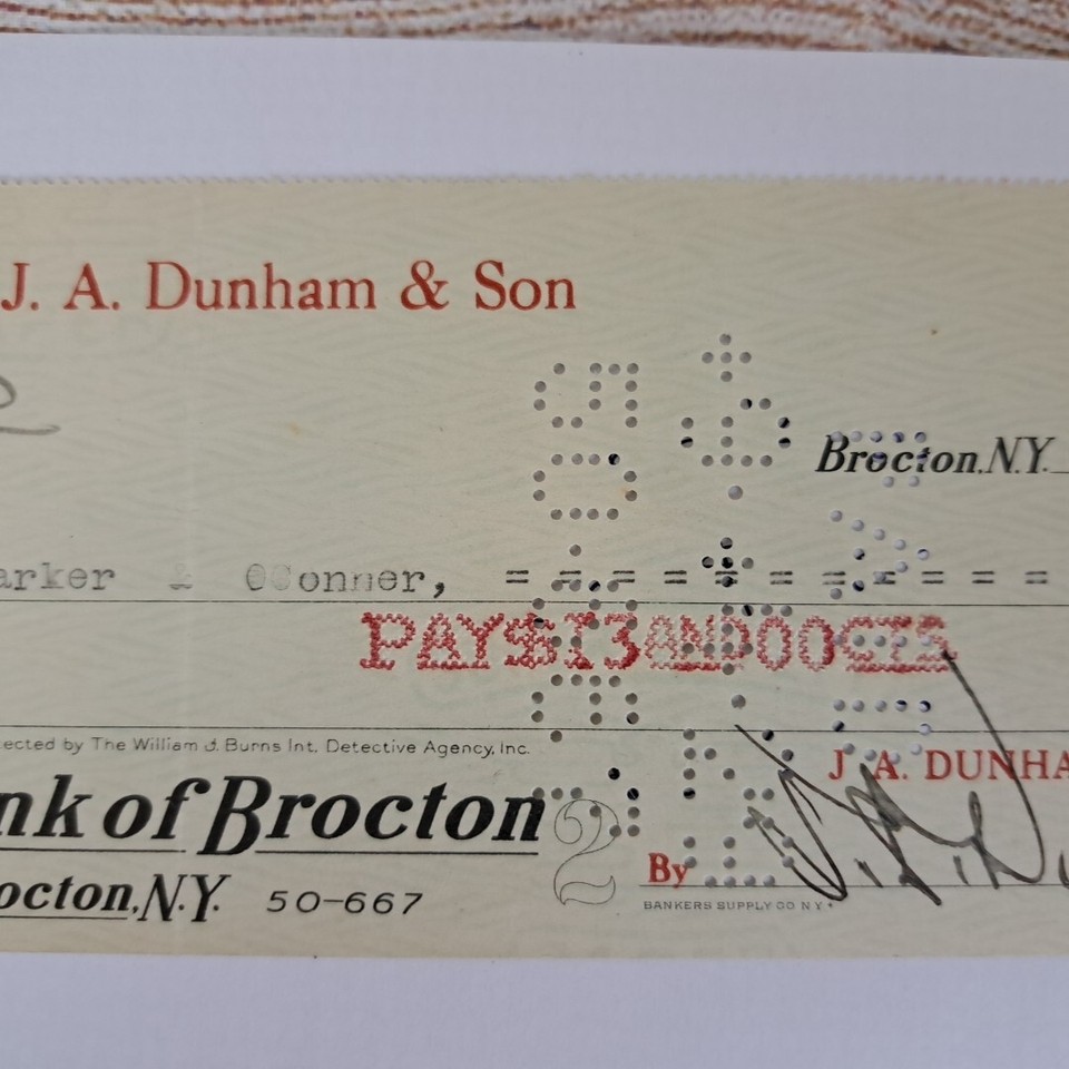 Antique Cancelled Bank Check 1929 State Bank of Brocton NY JA Dunham ...