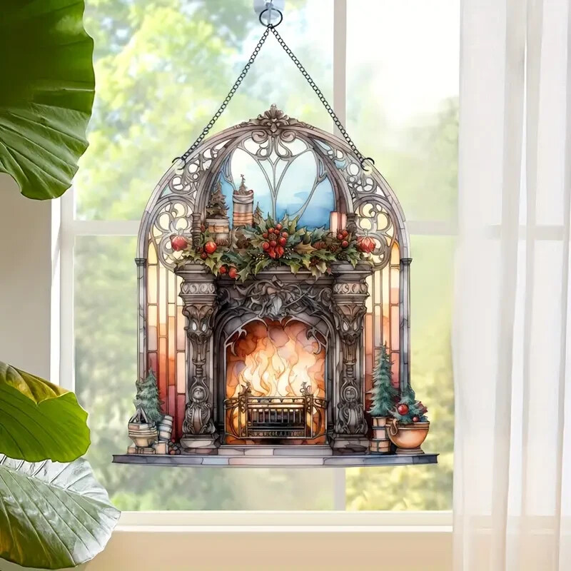 CHRISTMAS FIREPLACE SCENE ACRYLIC SUN LIGHT CATCHER HANGING WINDOW ...