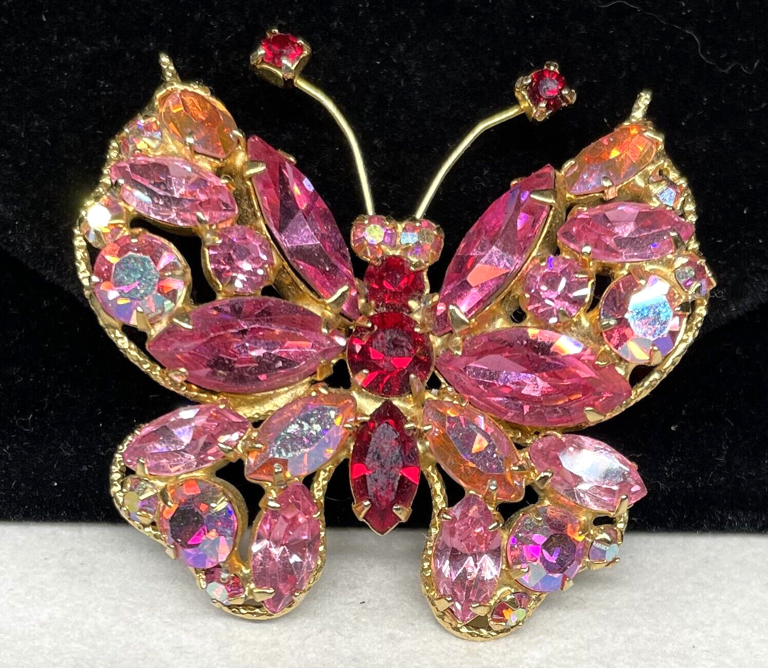 Regency Brooch Signed Rare Vintage Gilt Pink Red Rhin… - Gem
