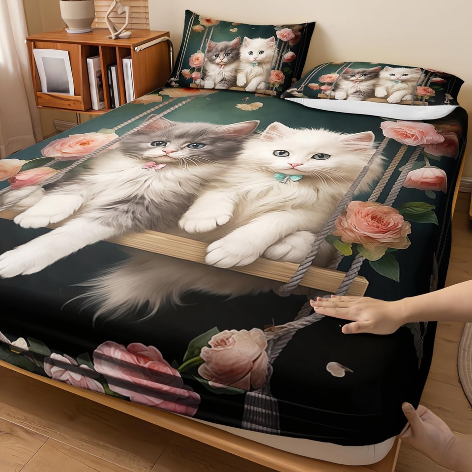 Cartoon Beautiful Cat Fitted Set Twin Size, Kawaii Kittens with Flower ...