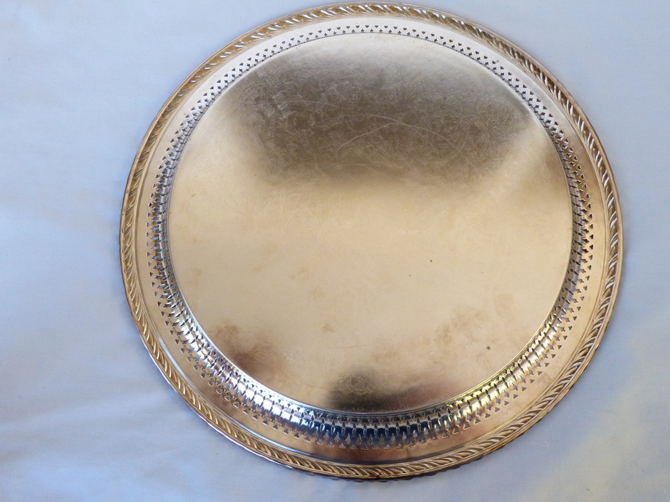 VTG Oneida Silver Plated 12.25" Serving Tray round pierced edge floral ...
