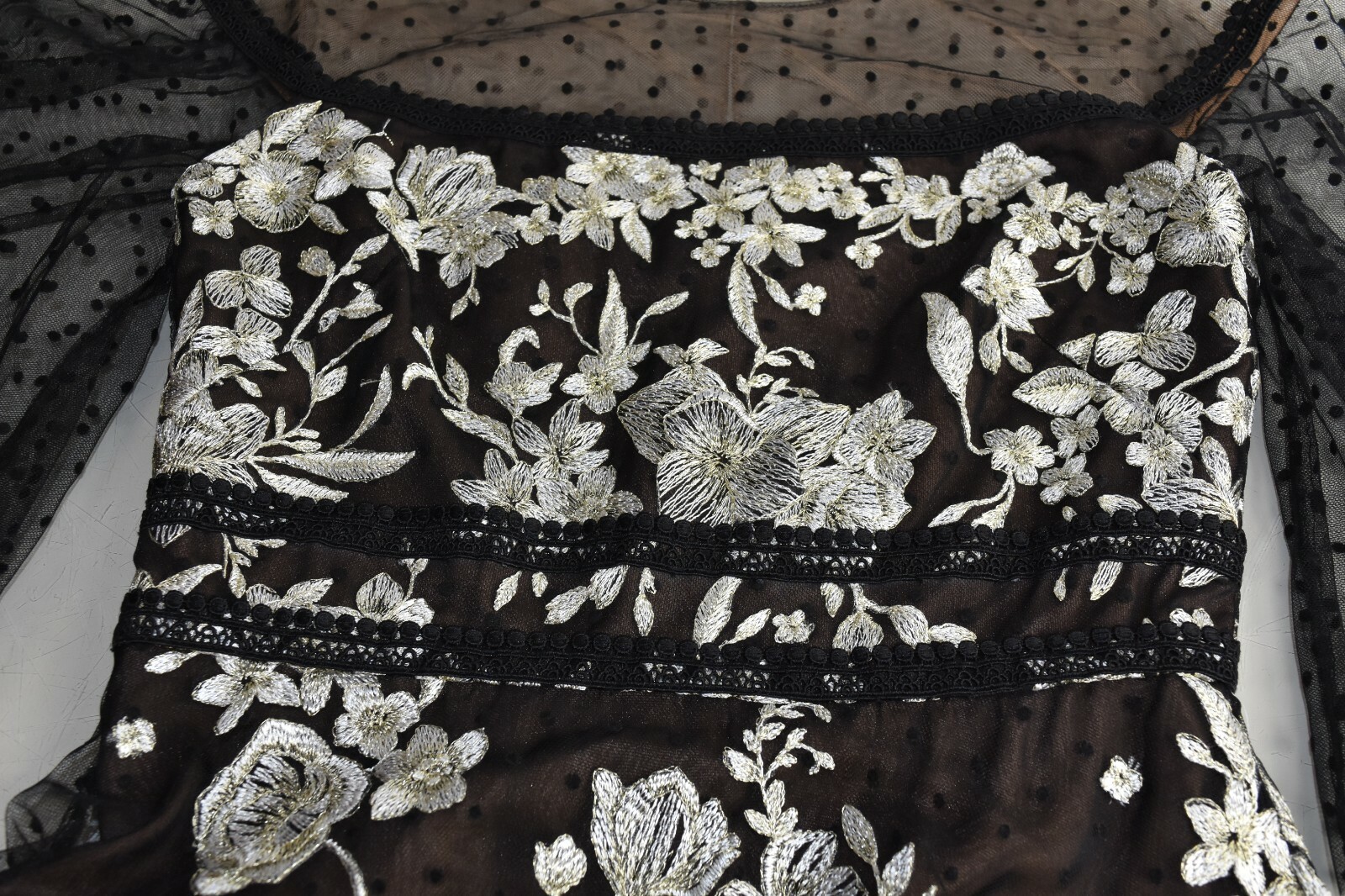 $1095 NEW Marchesa Notte Sheer Sleeve Gold Embroidered Gown Black Dress ...