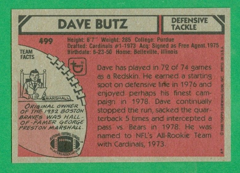 1980 TOPPS #499 DAVE BUTZ ROOKIE CARD WASHINGTON REDSKINS NM | eBay