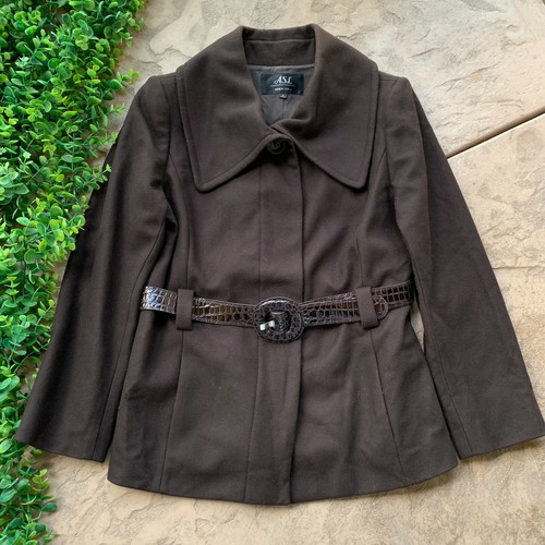 ASL Arthur Levine Wool Patent Animal Belted Buttoned Coat Jacket Brown ...