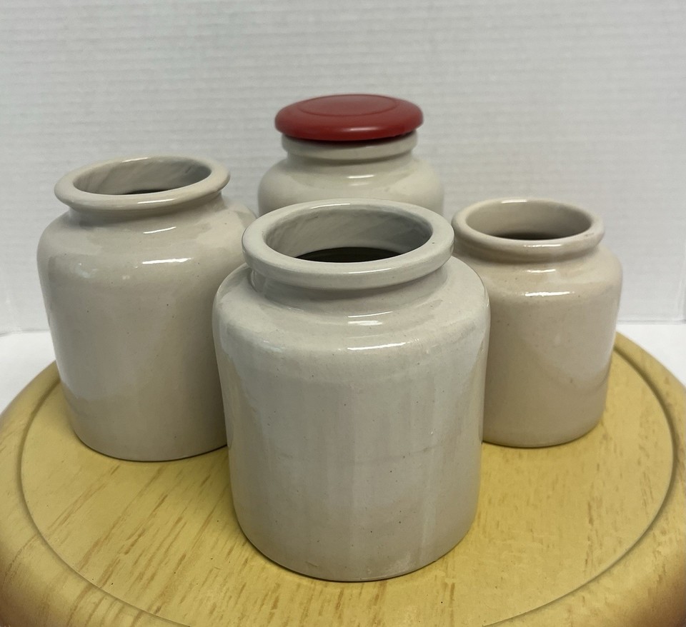 Vintage French Mustard Kitchen Crocks Stoneware Jars Creamy White | eBay