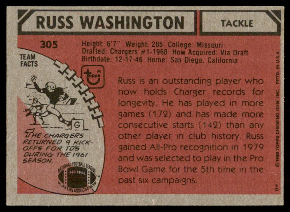 1980 Topps #305 Russ Washington All Pro | eBay