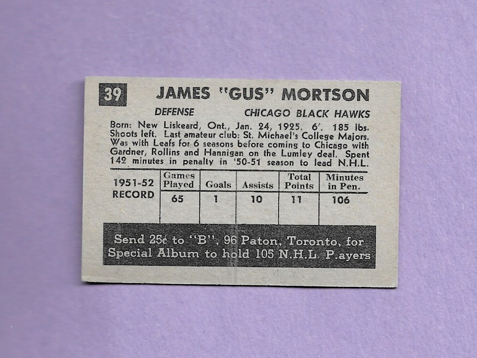 1952-53 Parkhurst Card # 39 JAMES GUS MORTSON CHICAGO BLACK HAWKS SHARP ...
