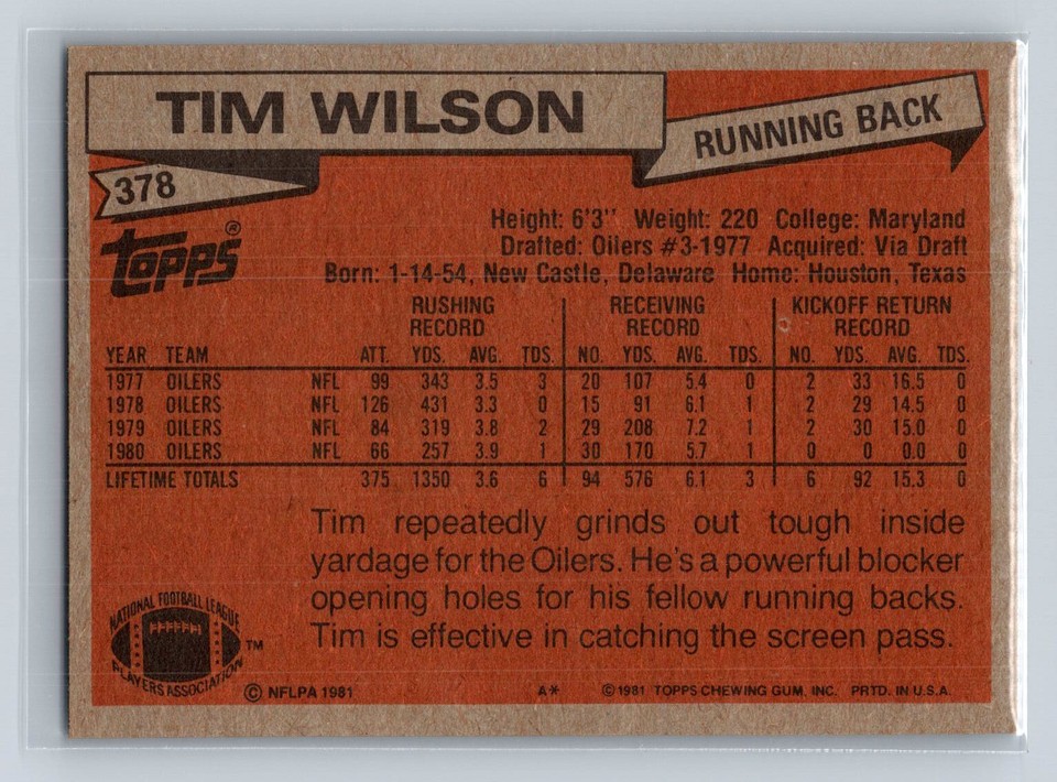 1981 Topps Tim Wilson #378 Houston Oilers | eBay