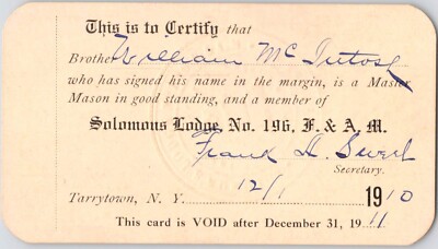 1910 Tarrytown, New York Masonic Solomons Lodge Master Mason Membership ...
