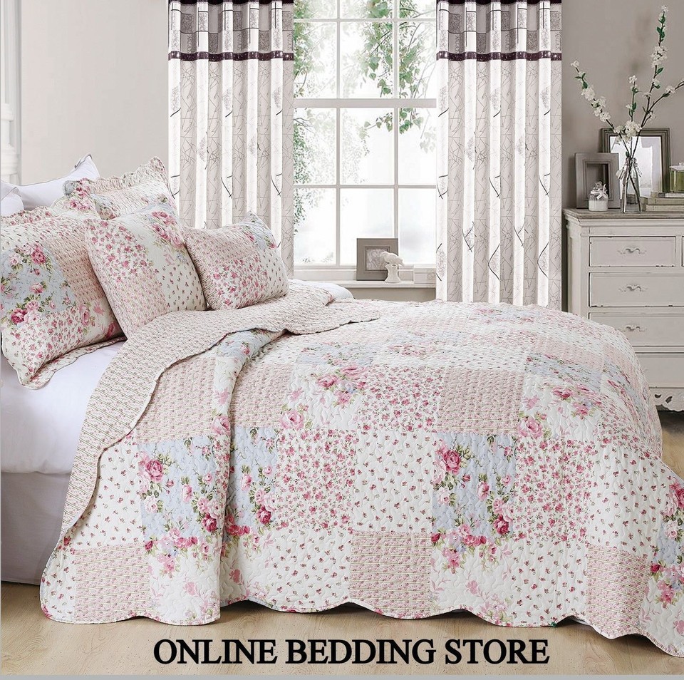 Beautiful Floral Vintage Patchwork (Meadow) Quilted Bedspread & 2 Pillow Shams* | eBay UK