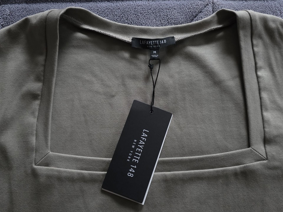 Lafayette 148 New York square-neck short-sleeve top in olive/grey color ...