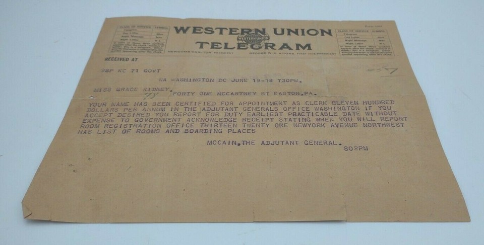 Antique Telegram McCain The Adjutant General Western Union 1918 | eBay