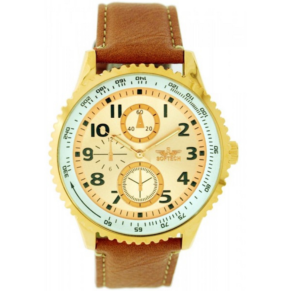 Softech Men's Gold Bezel Tan Brown PU Leather Strap Wrist Watch Analog Quartz 7102064811486 | eBay