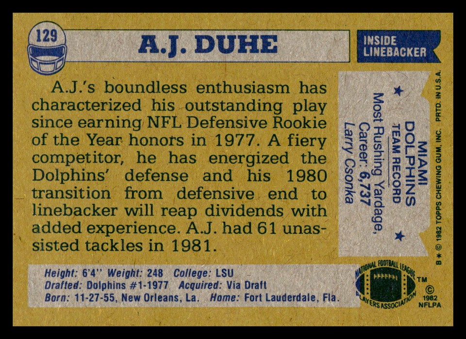 1982 Topps #129 A.J. Duhe Miami Dolphins Football Card Good | eBay