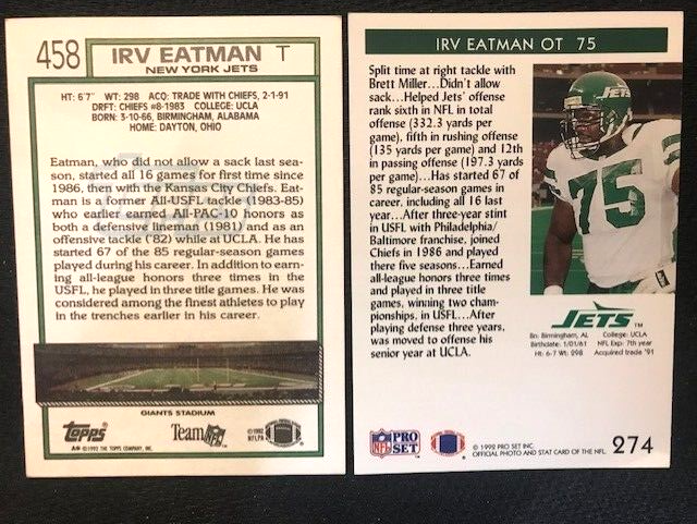 NFL - Irv Eatman 1992 Topps & 1992 Pro Set Football - Jets | eBay