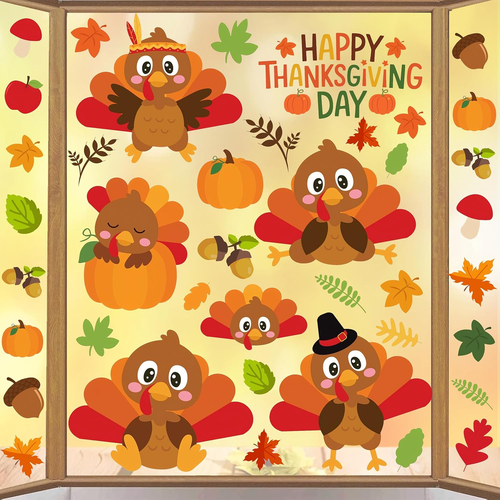 Thanksgiving Window Stickers, Set of 6, Cute Turkey Glass Stickers for ...