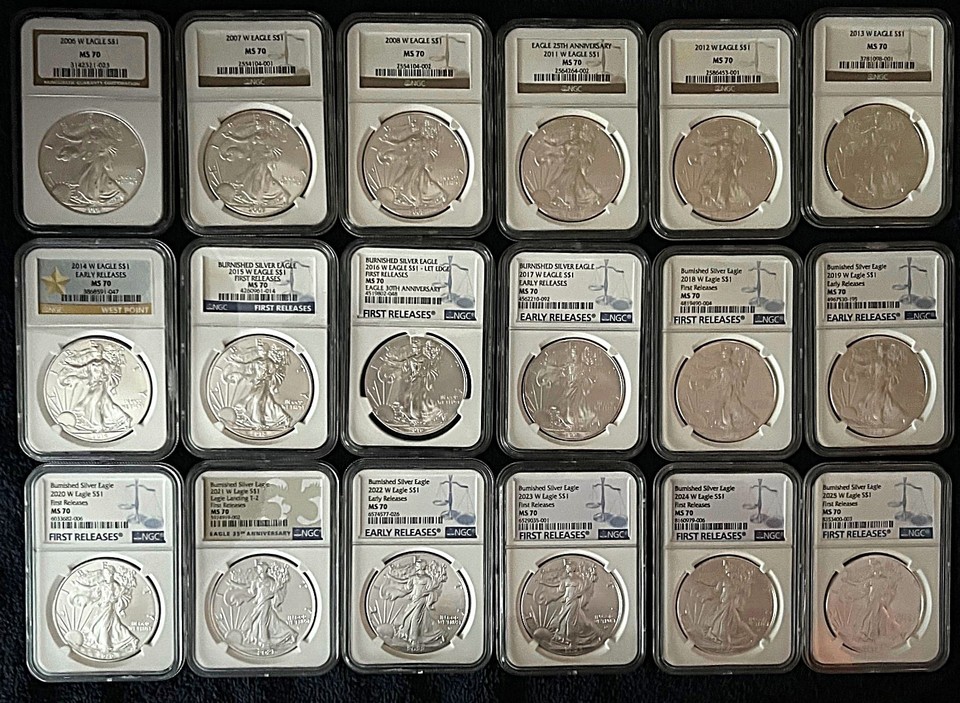 2006-2025 American Silver Eagles Burnished Complete Set 18 Coins NGC ...