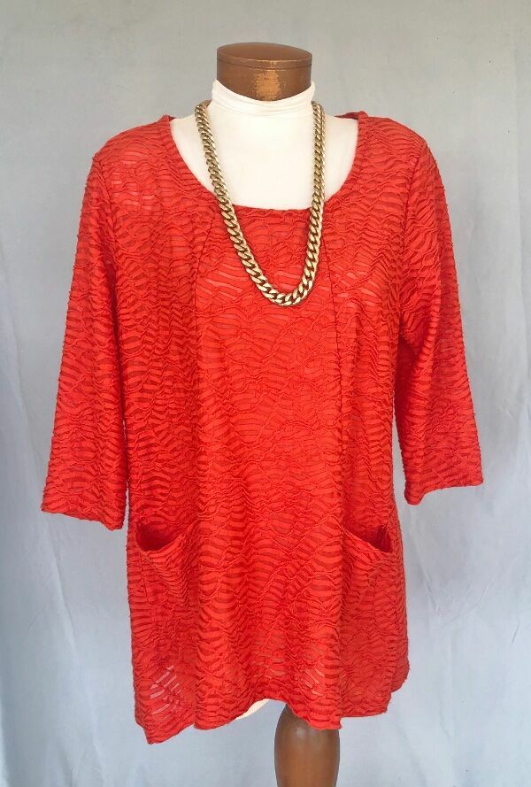 ONQUE A-Line Tunic Top Sz L Orange Burnout Fabric Sharkbite Hem 2 ...