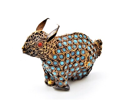 Vintage Nepalese Rabbit Figurine. Hand Set Faux Turquoise & Coral Beads ...