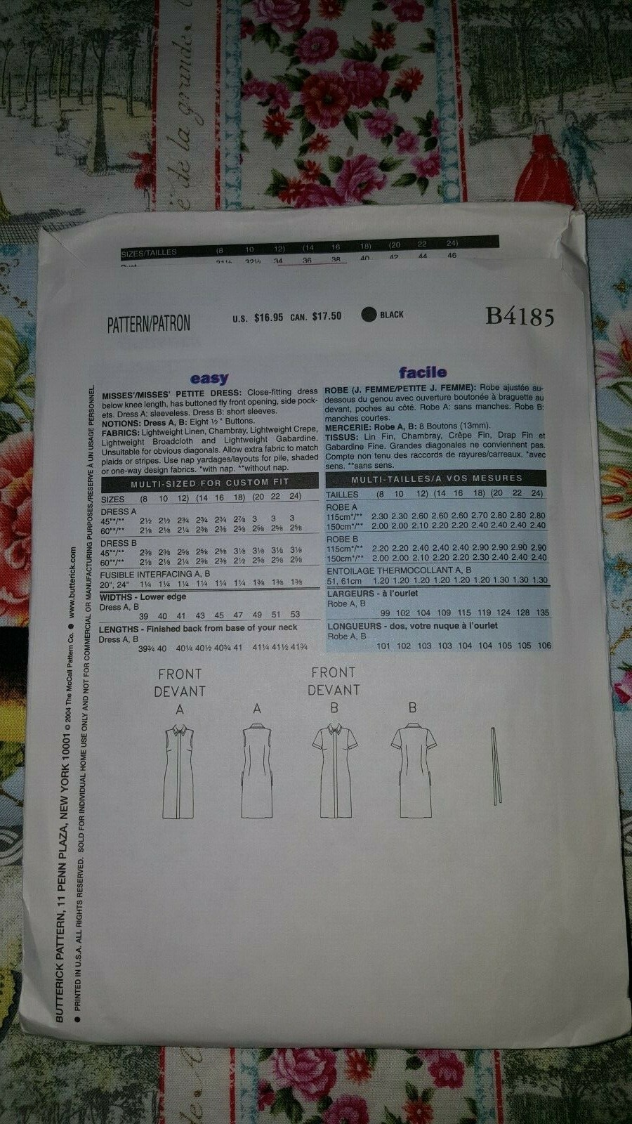 Butterick Pattern B4185 Close Fitting Below Knee Dress Sizes 14 16 18 ...