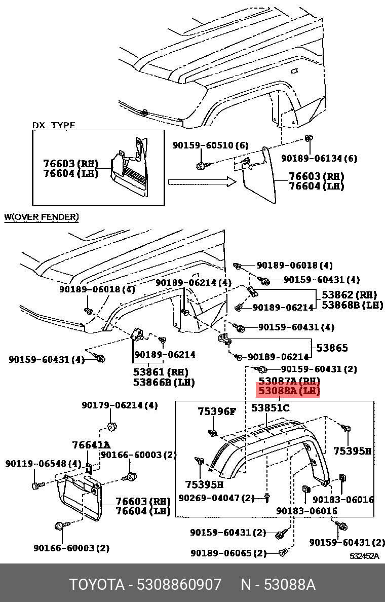 extension sub-assy, front wheel opening, left, 5308860907 for TOYOTA ...