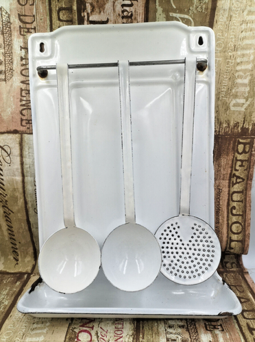 Vintage French White Enamel Kitchen Rack With Utensils Set | eBay