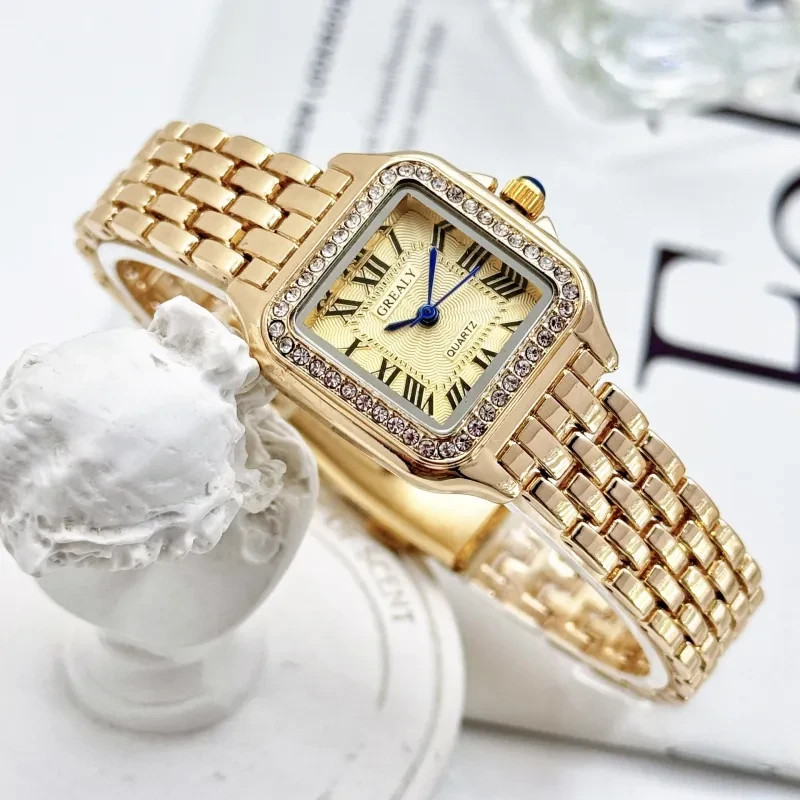 GREALY Women's Watch Luxury Classic Retro Square Waterproof Diamond ...