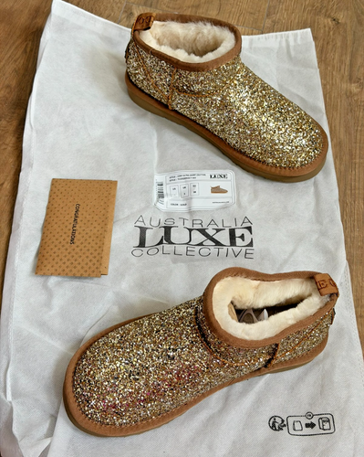 Australia Luxe Cosy Ultra Short Gold Glitter Shearling Boots UK5 RRP £ ...
