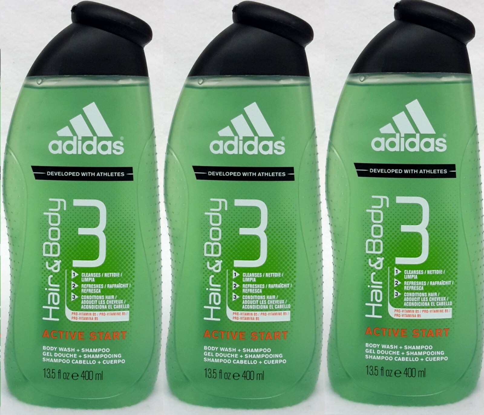 3 Adidas ACTIVE START Hair Body Wash Shampoo Cleans Refreshens ...
