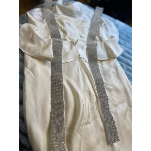 ROTATE Cream Satin Rhinestone Strap Ruffle Dress Mini Party Occasion ...