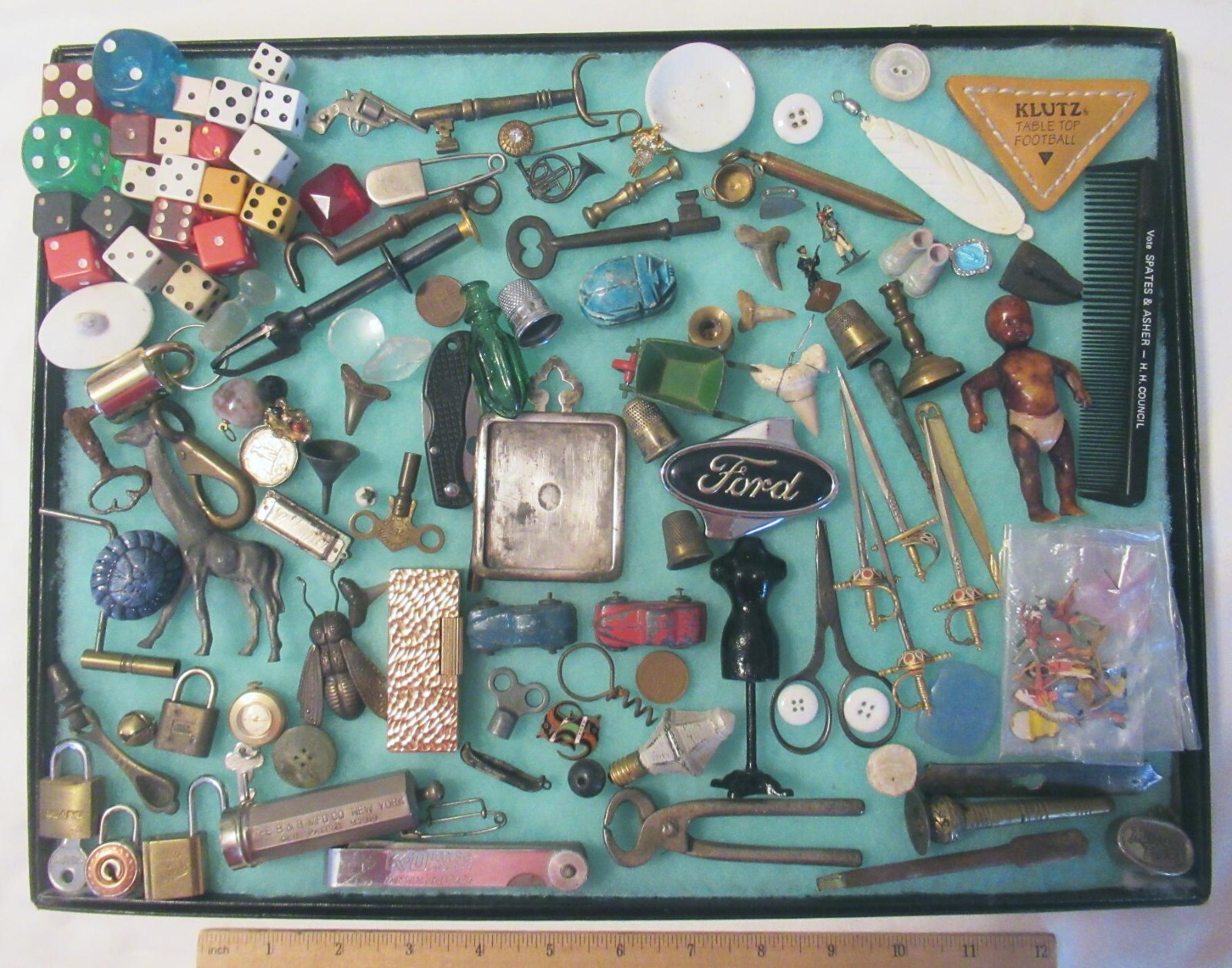 Vintage Junk Drawer Lot Keys Lighter Doll Ford Scarab Tools Shark's ...