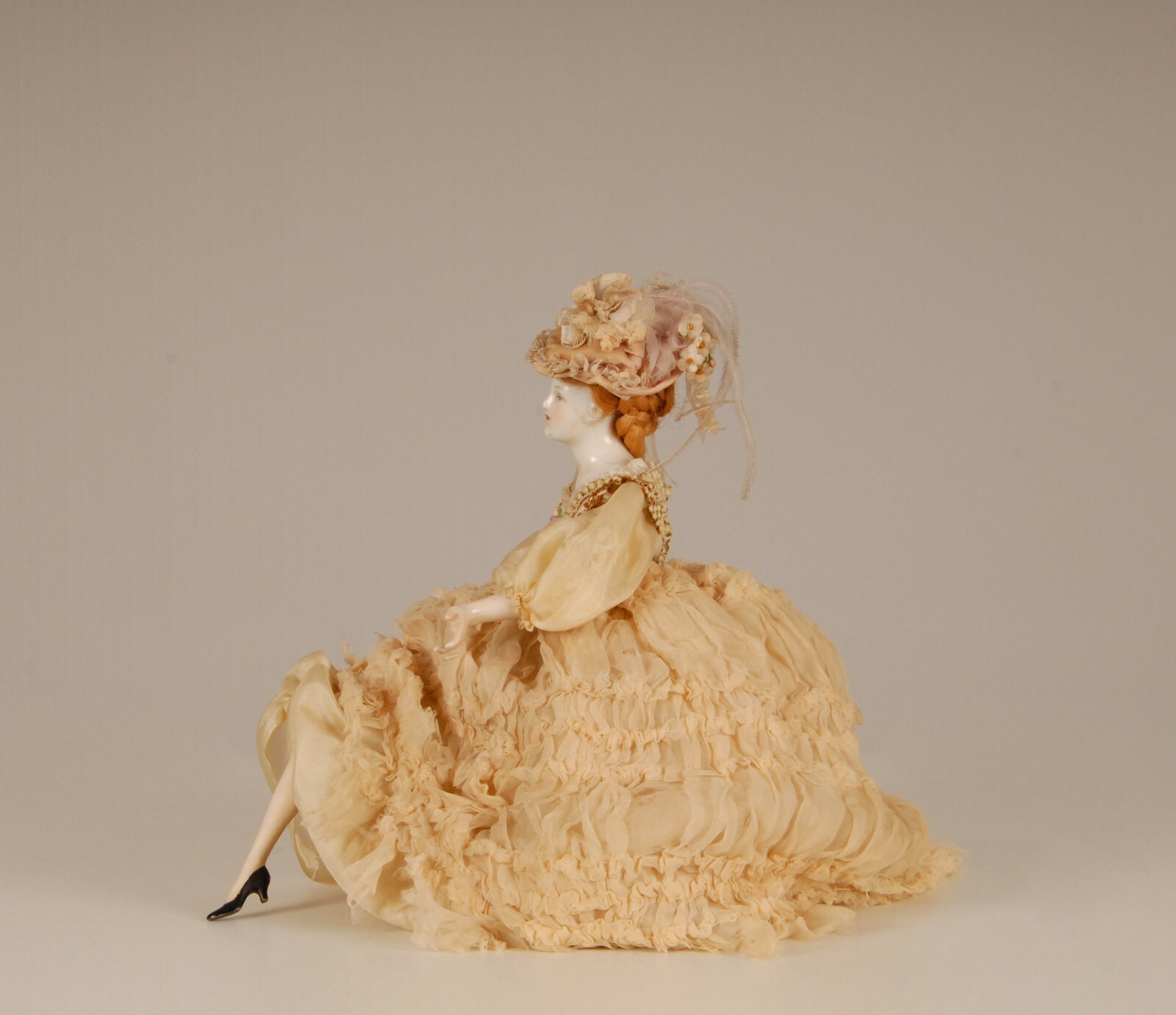 Antique German porcelain half doll arms away trinket box jewelry silk ...