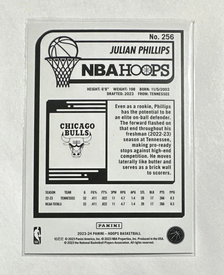 2023-24 Panini NBA Hoops Julian Phillips Rookie Chicago Bulls ...