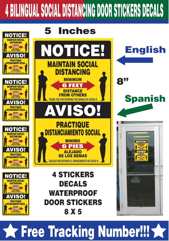 4 Social Distancing Stickers - Social Distance Decals - Bilingual Signs ...