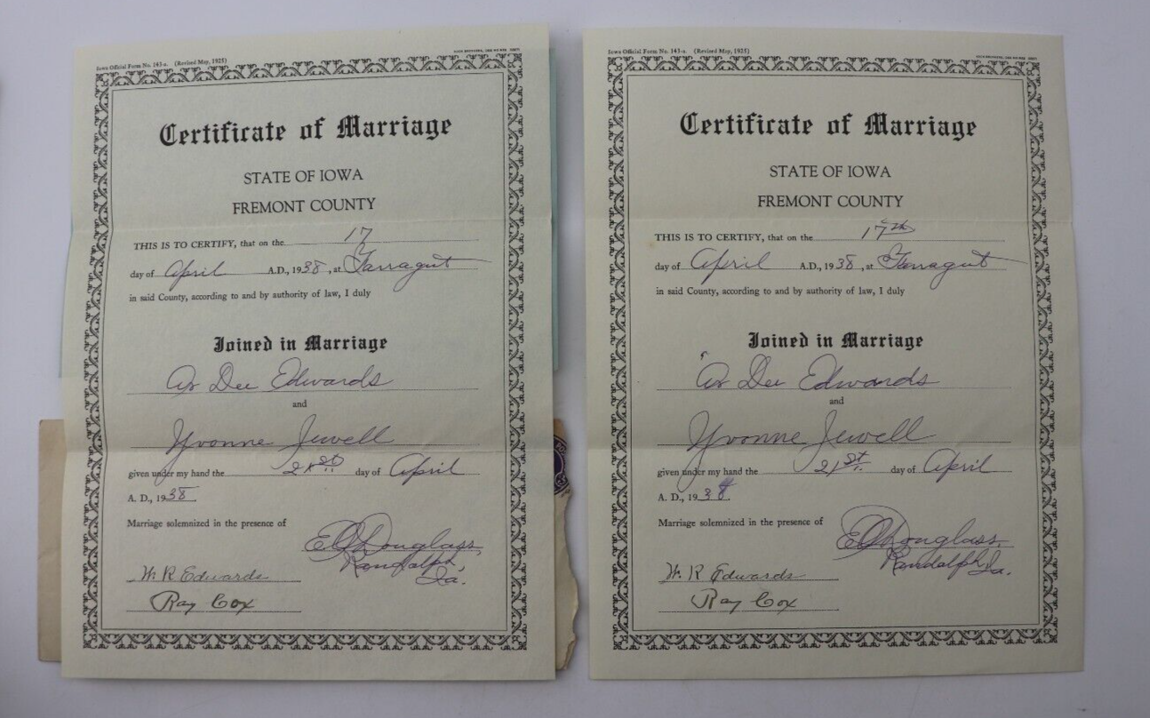 certificate of marriage Iowa gorge Washington embossed stamp methodist ...
