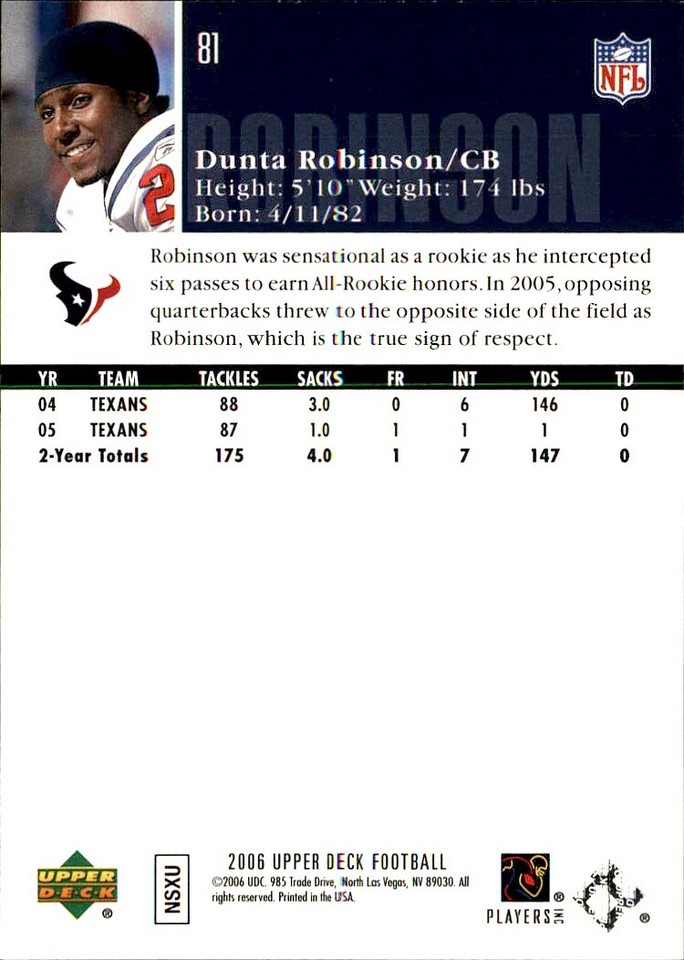 2006 Upper Deck #81 Dunta Robinson EX+ | eBay