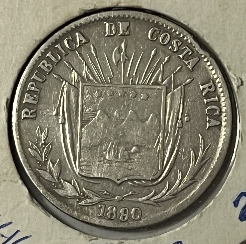 Costa Rica 1890 1890/80 Overdate Low 58k Mintage .750 silver 50 ...